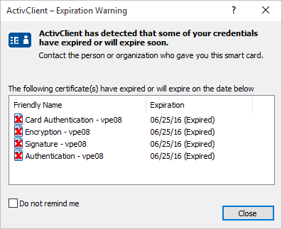 Smart Card or Certificate Expiration